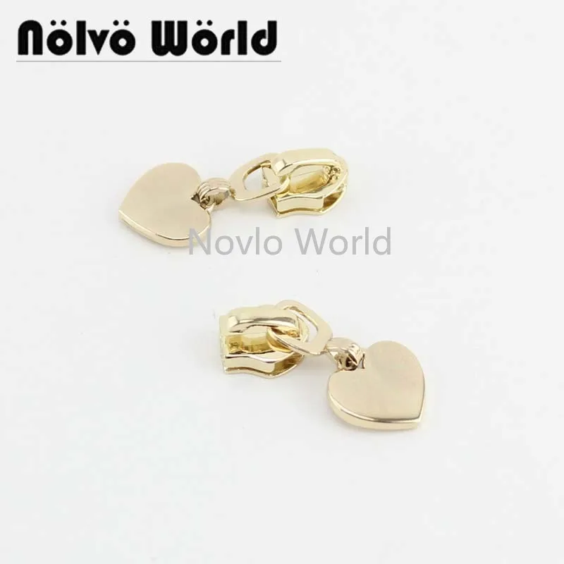 20-100pcs Light Gold 37mm 5# Nylon Coil Zipper Head Lovely Heart Shaped ...