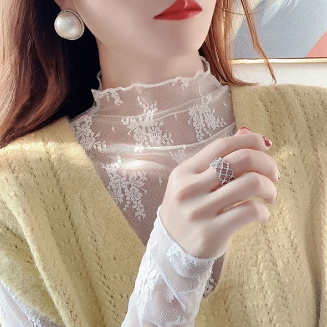 White High Collar Lace Blouse Women Inner Long Sleeve Shirt Autumn New ...