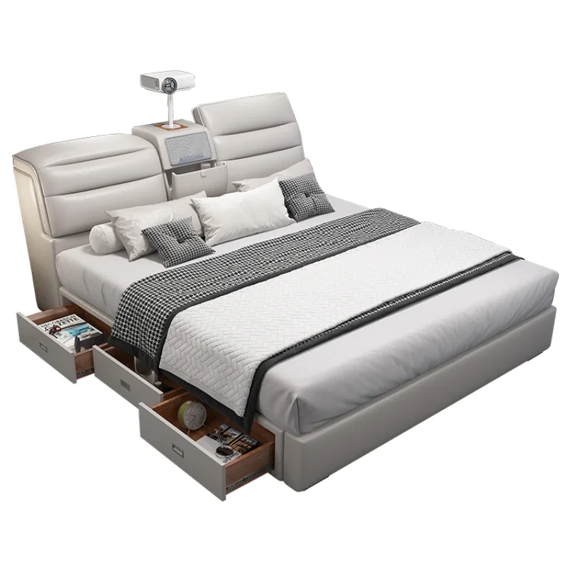 Multifonction-Aesthetic-Double-Bed-Luxury-Nordic-Leather-White-Twin-Bed ...