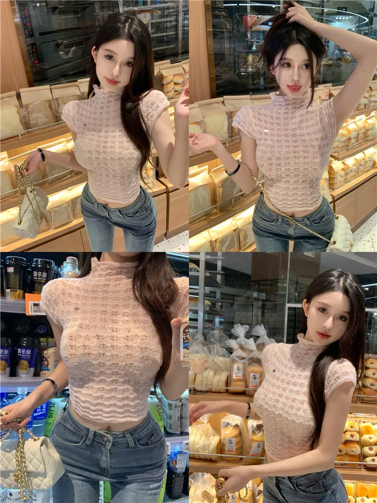 퓨어 욕망 얇은 하프 하이 칼라 니트 티셔츠 여성 여름 허리 포옹 슬리밍 크롭 섹시한 할로우 반팔 보터밍 셔츠