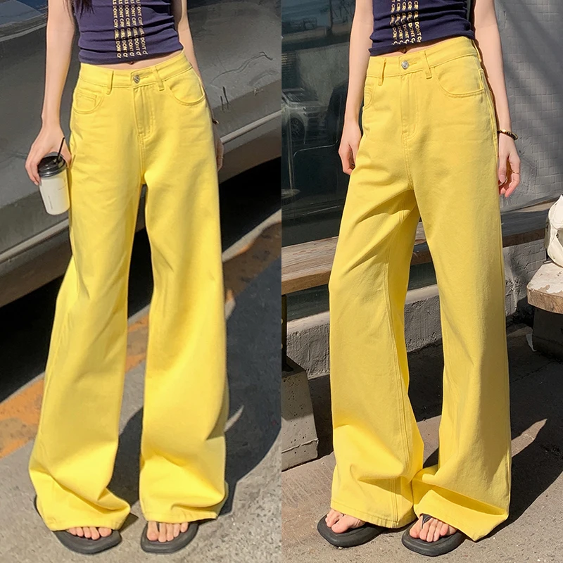 Yellow Loose Straight Baggy Jeans Women Y2K Streetwear 2025 Korean ...