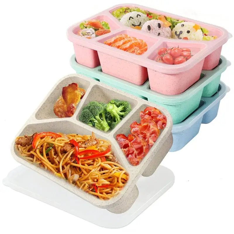New-4-Grid-Lunch-Bento-Box-Wheat-Straw-Dinnerware-Leak-Proof-Food ...