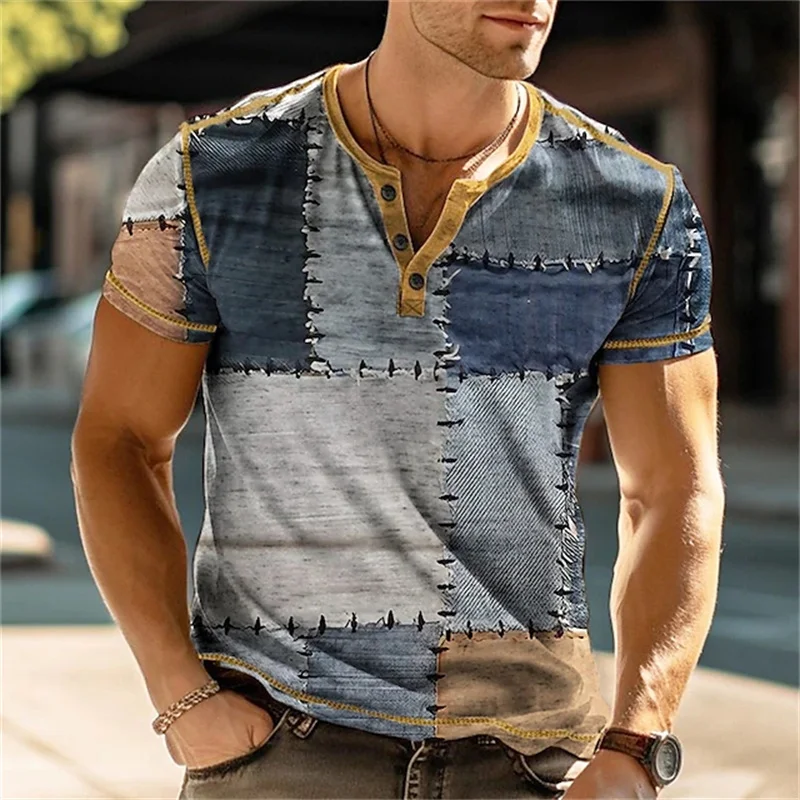 Summer 3D Printed Men's Button T Shirt Retro Patchwork Pattern Cool ...