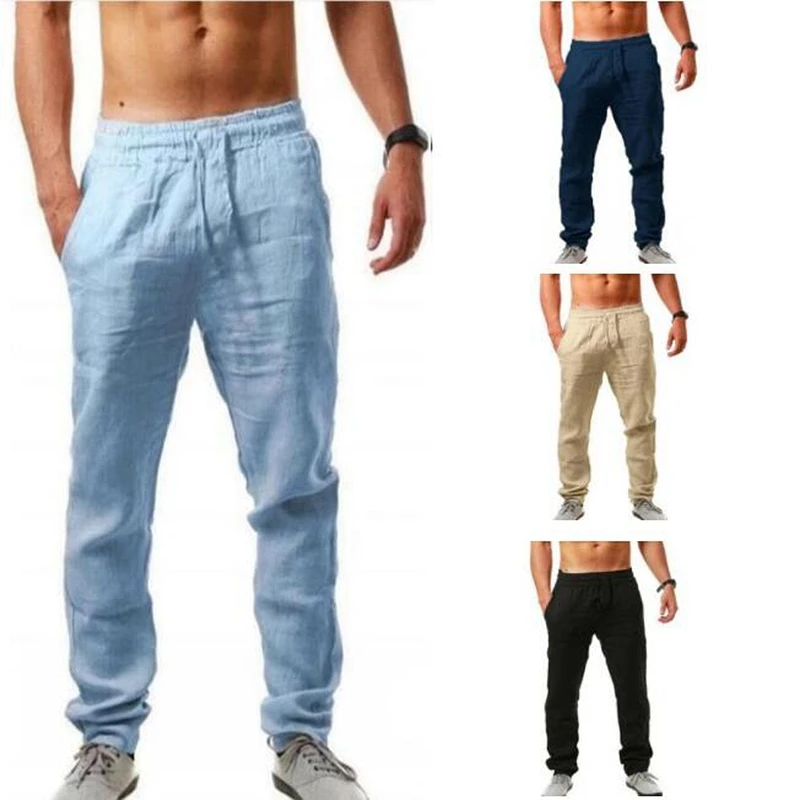 Cotton Linen Pants For Men Spring Summer High Elastic Waist Drawstring ...