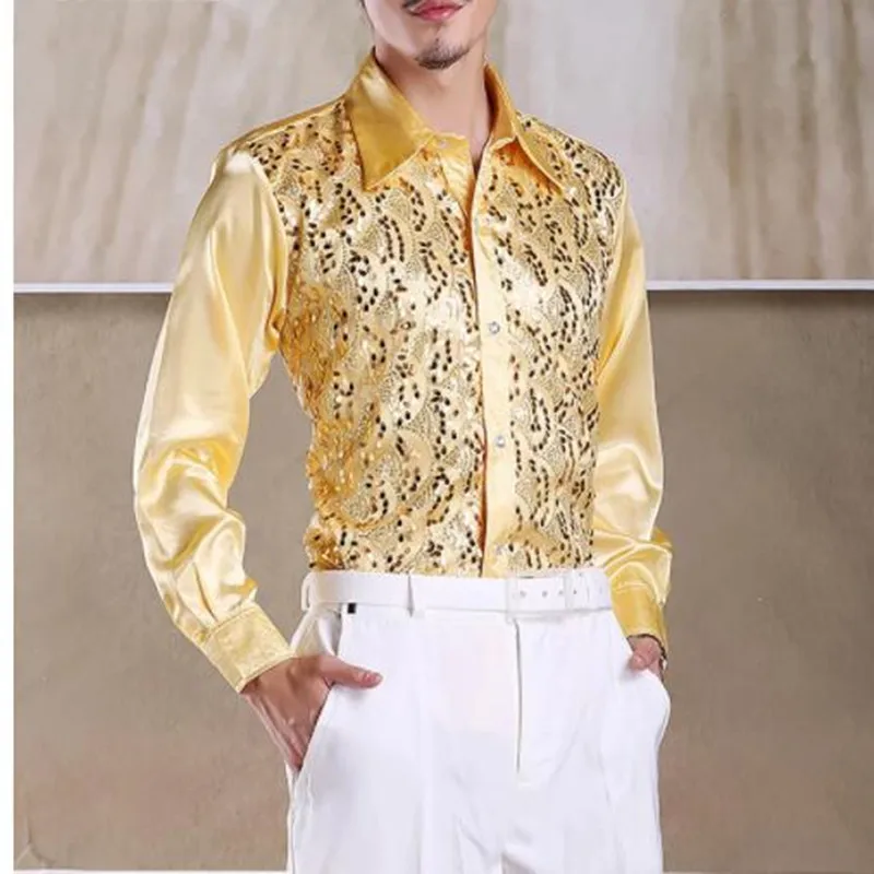 Shiny Gold Sequin Glitter Long Sleeve Shirt Men 2023 New Fashion ...