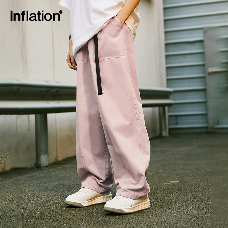 INFLATION-Pink-Wide-Leg-Pants-Mens-Slacks-Elastic-Waist-100-Cotton ...