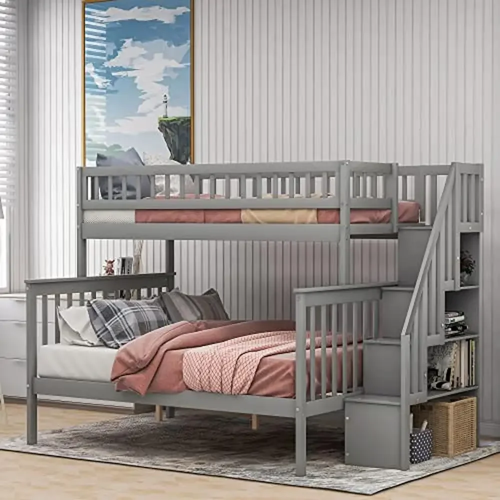 Twin-Full-Bunk-Bed-Stairs-Storage-Guard-Rails-Bedroom-Furniture-Wood ...
