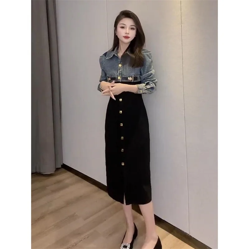 Autumn-Colorblock-Patchwork-Denim-Slim-Dresses-For-Women-Lapel-Long-Sleeve-High-Waist-Elegant ...