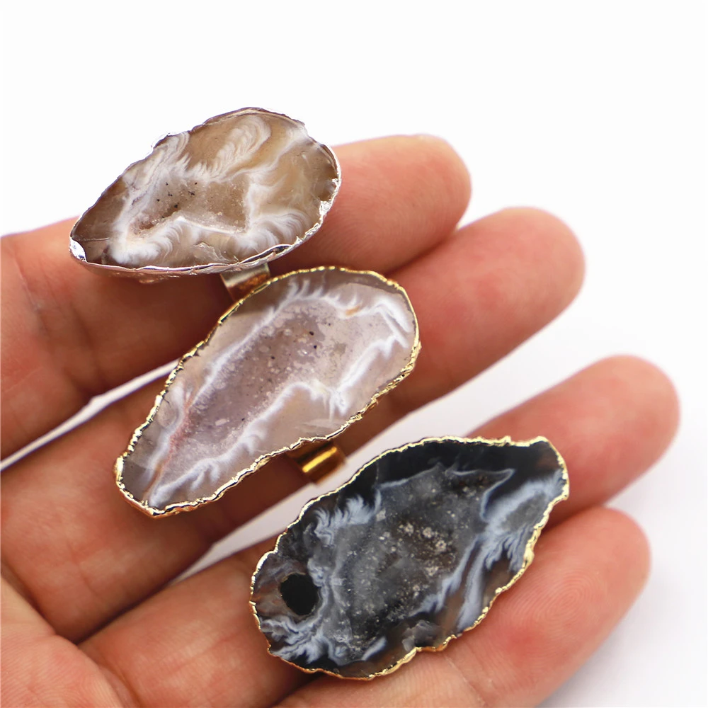 Natural Stone Agates Druzy Ring Slice Handmade Electroplated Silver ...