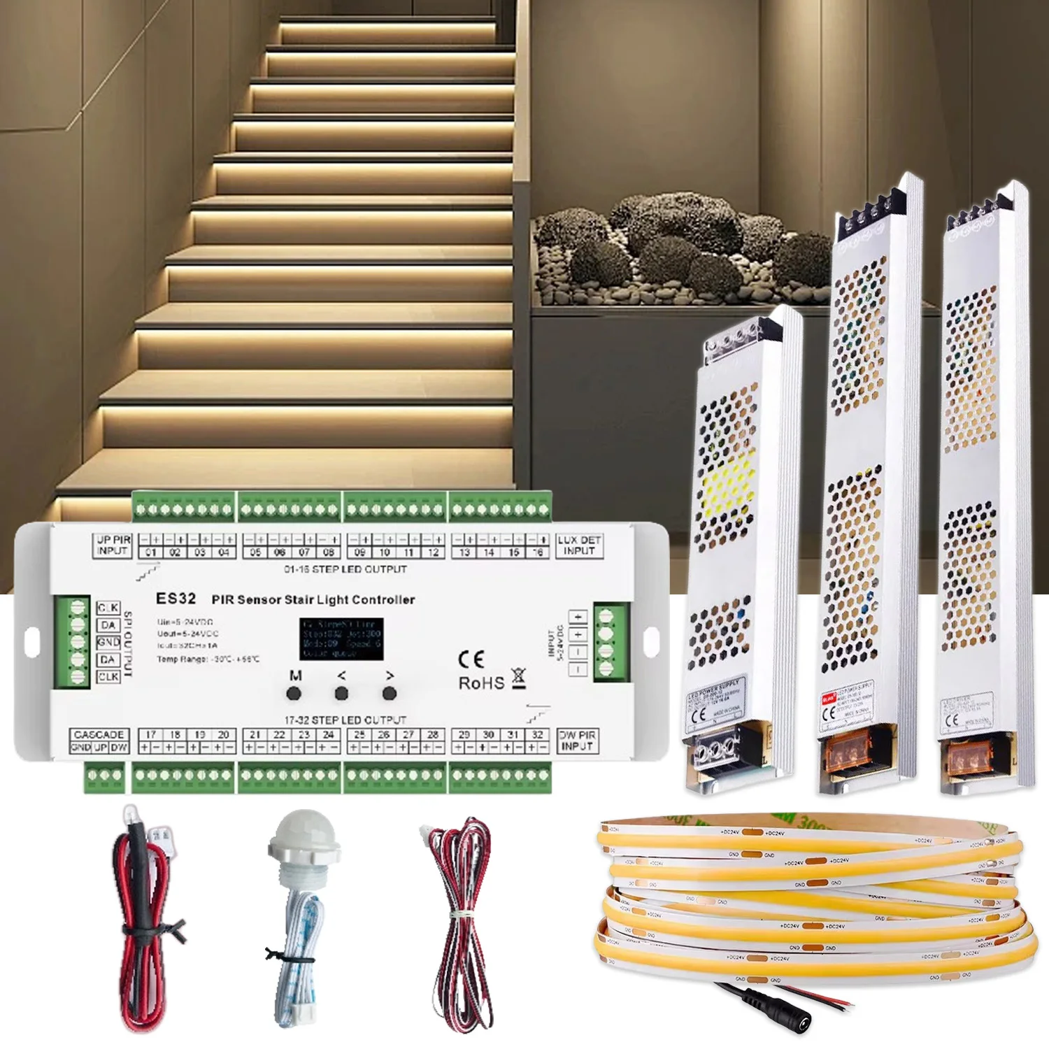 32CH-Stair-LED-Light-PIR-Motion-Sensor-Controller-ES32-Single-Color-2CH ...