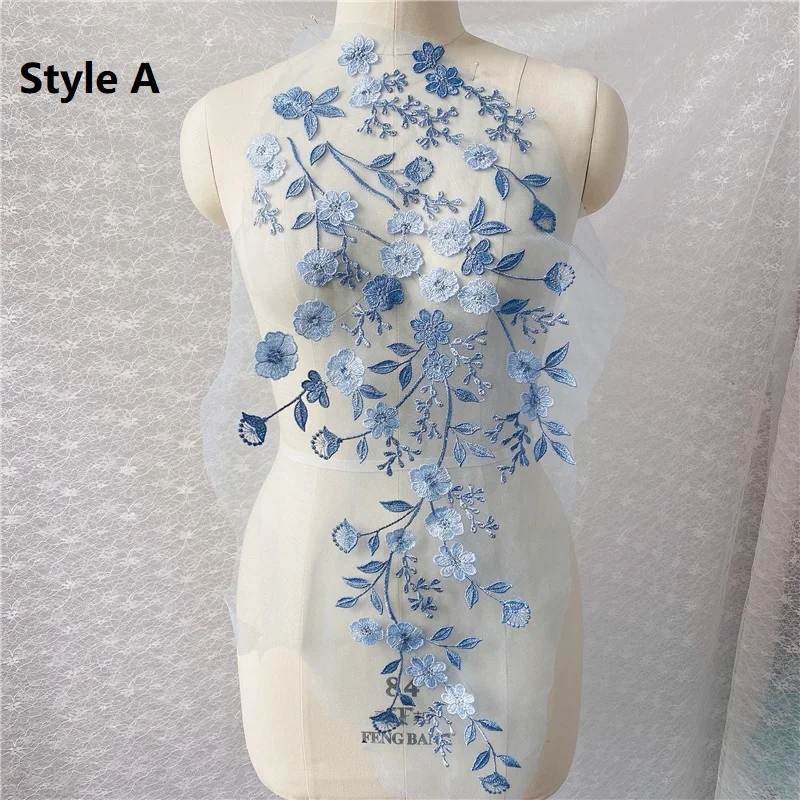 Blue-Floral-Lace-Fabric-Embroidered-Flower-Applique-Patch-DIY-Sewing ...