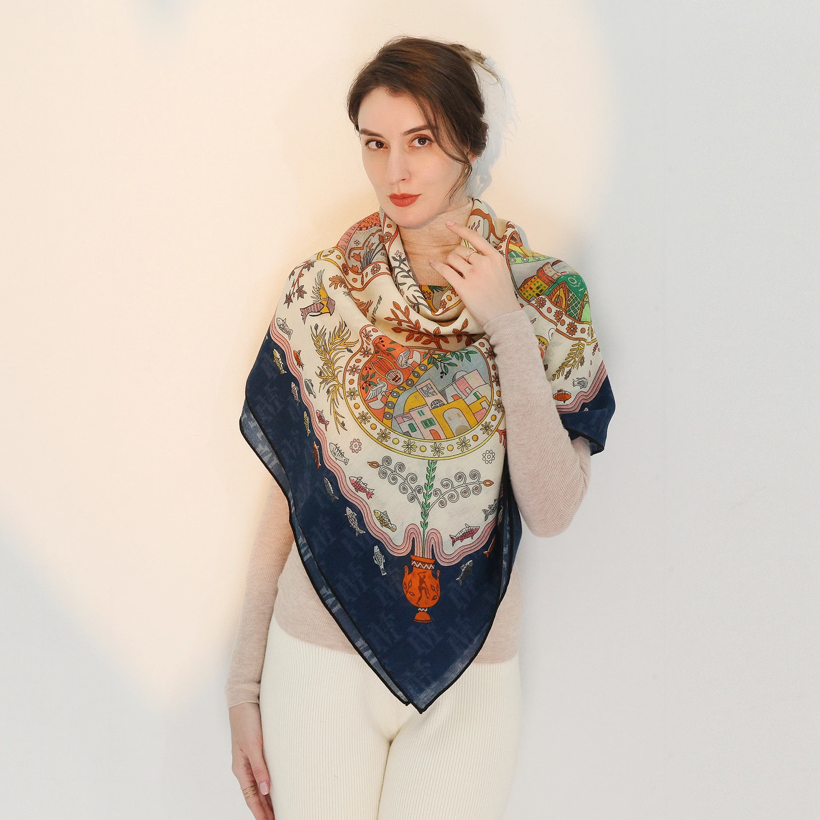 Luxury Brand 100% Pure Wool Large Size Women Bandana Headwarp Pashmina ...