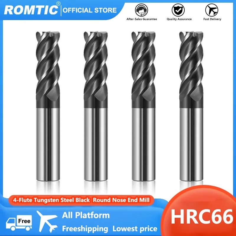 ROMTIC-Black-Nano-Coating-Tungsten-Steel-Carbide-4-Flute-Round-Nose-End-Mill-HRC66-CNC ...
