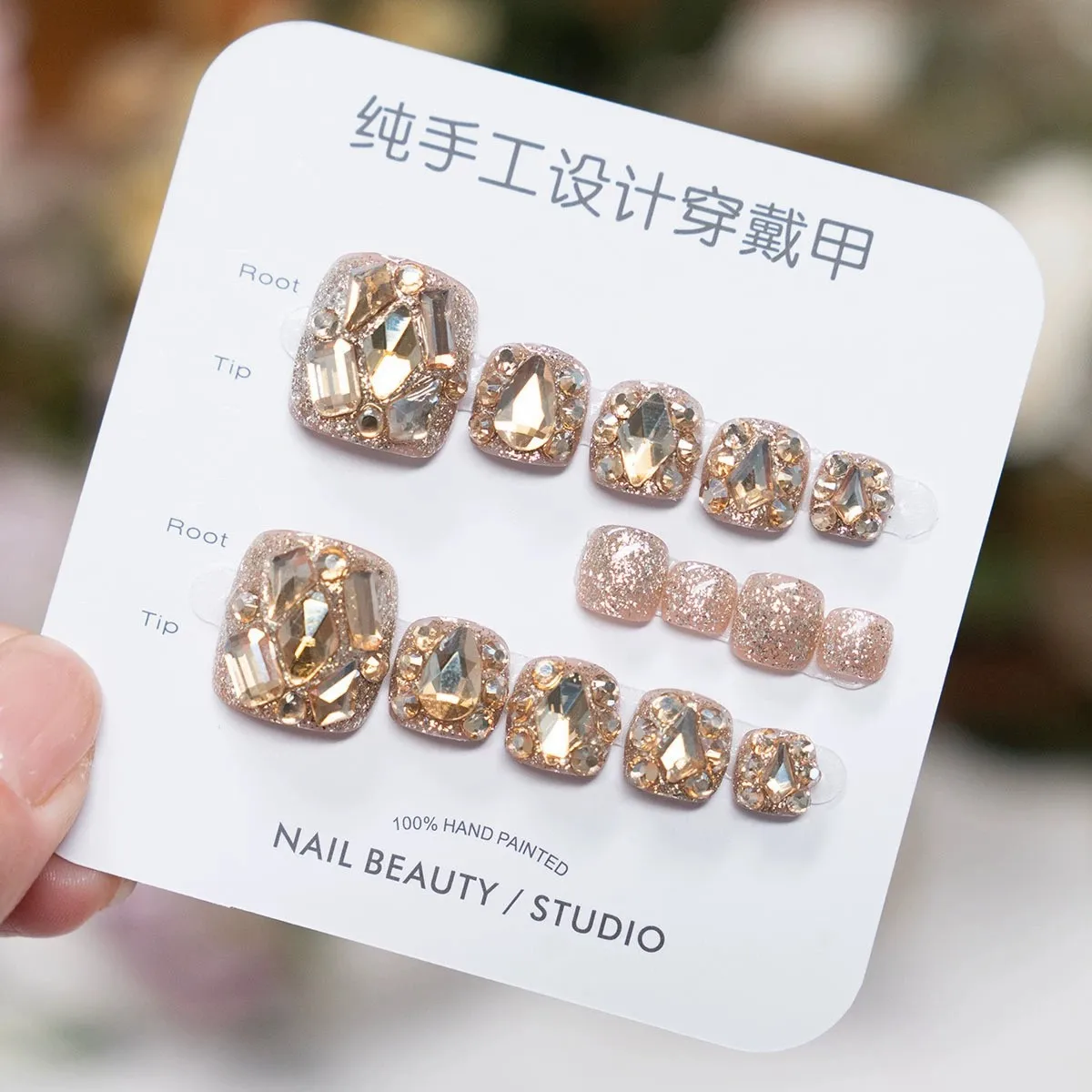 14pcs Champagne Full Diamonds Foot Fake Nails Handmade Press On Nails ...
