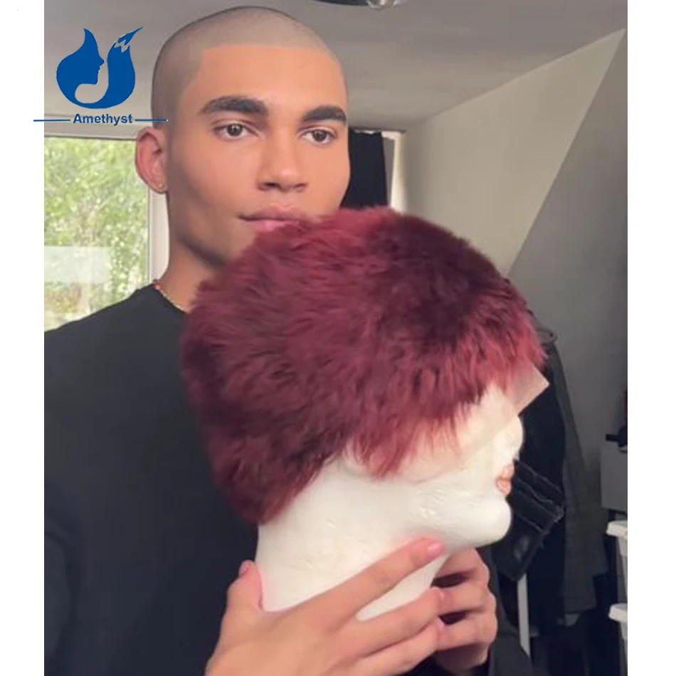 Ametista vermelho 99j buzzcut curto peruca de cabelo humano para homens ...