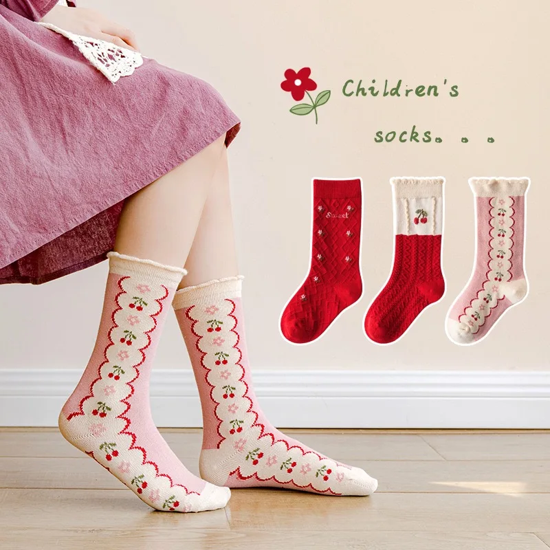 3Pairs/Lot Autumn Winter Kids Kawaii Socks Red Color Cherry Socks Soft ...