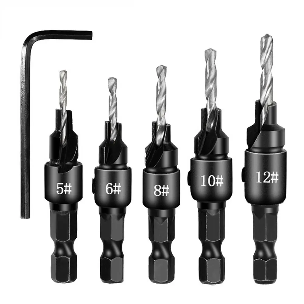 5pc-Woodworking-Tapper-Hexagon-Shank-Screw-Countersunk-Drill-Bit-Taper ...