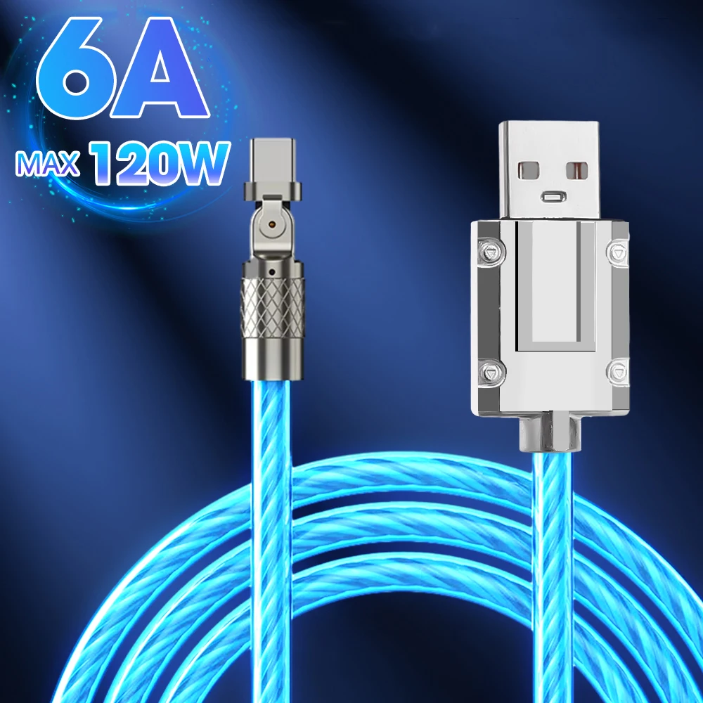 180-Rotatable-6A-120W-RGB-Flowing-Light-Charging-Cable-1M-2M-USB-A-to ...