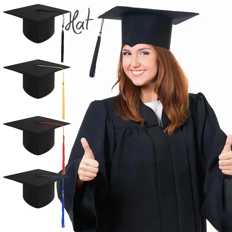 Black-Adult-Bachelor-Caps-with-Tassels-University-Master-Graduation-Hat ...