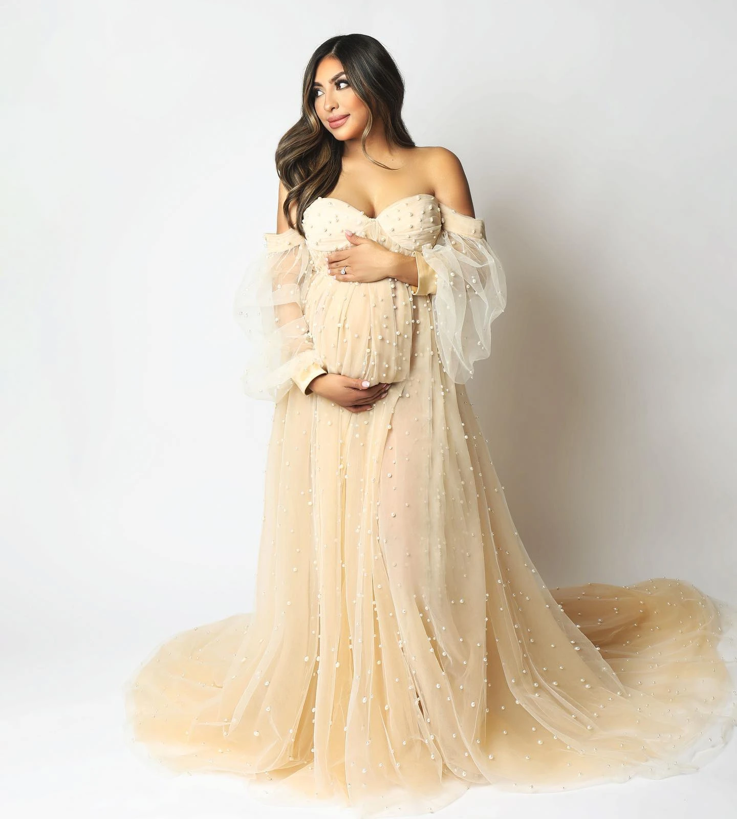 Light-Champagne-Pearls-Maternity-Robes-for-Photo-Shoot-Elegant-Off ...