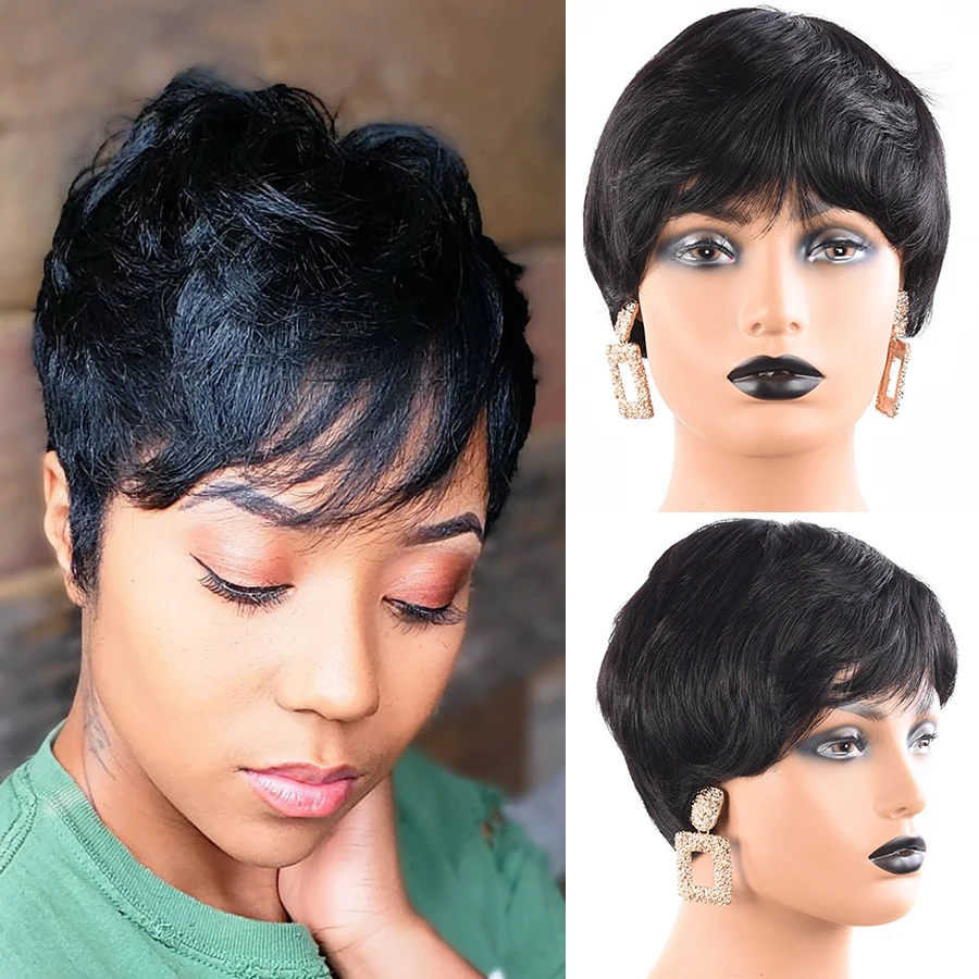 Perruque-Br-silienne-Naturelle-Remy-Cheveux-Courts-Lisses-Coupe-Pixie-Sans-Colle-Faite-la ...