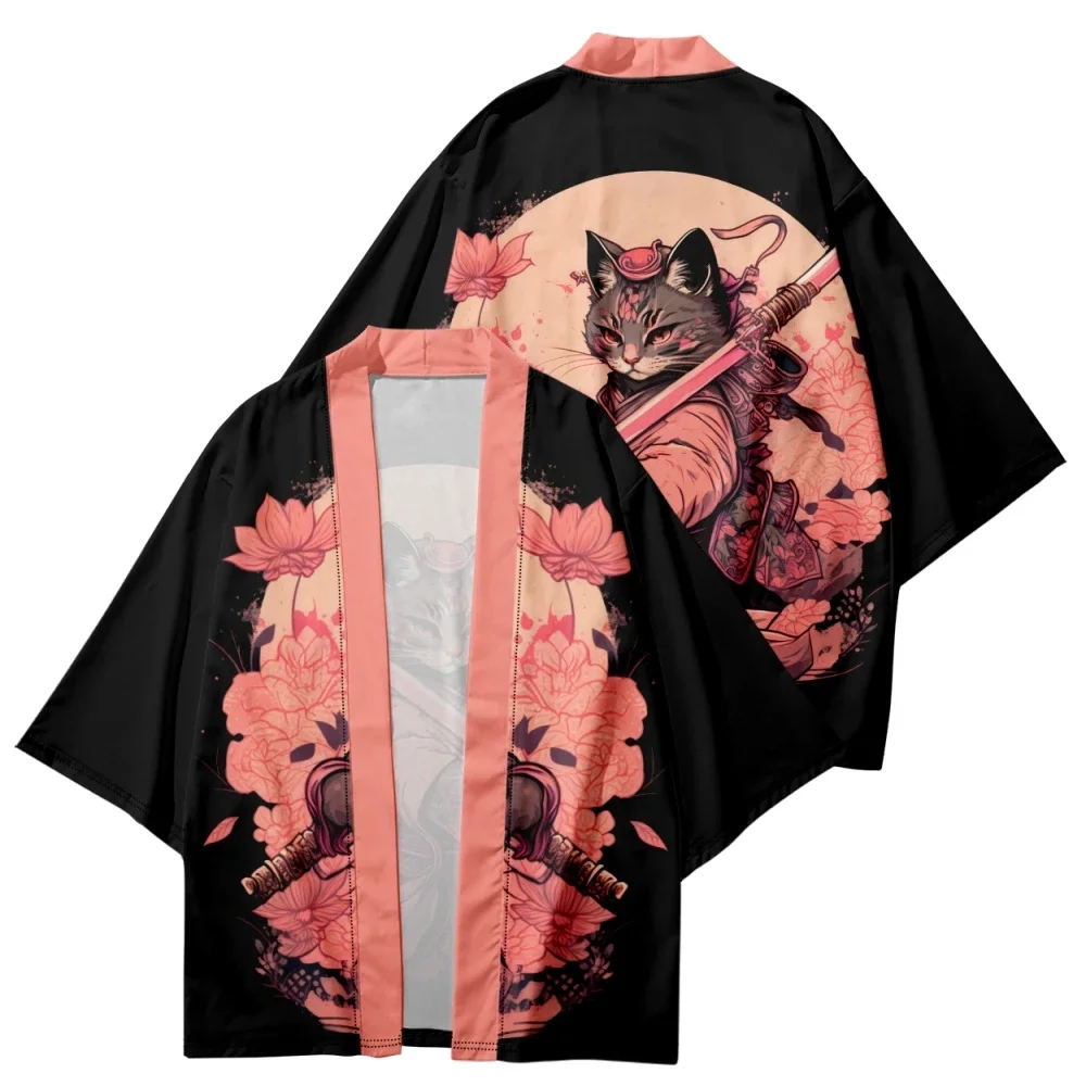 Vintage Japanese Samurai Cat 3D Print Kimono Outdoor Street Men's Trend ...