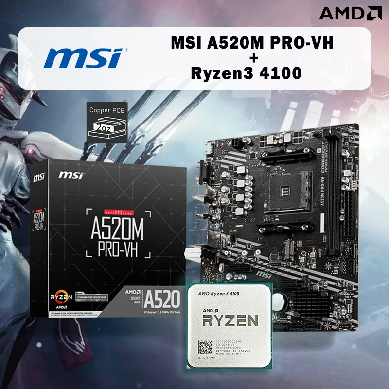 AMD 라이젠 3 4100 R3 4100 CPU + MSI A520M PRO VH 마더 보드 슈트, 소켓 AM4, 완전 신제품 ...