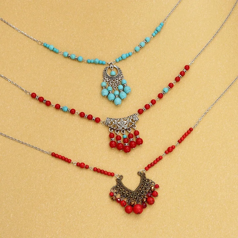 Vintage Jewelry Ethnic Silver Color Necklaces Women Gypsy Red/Green ...