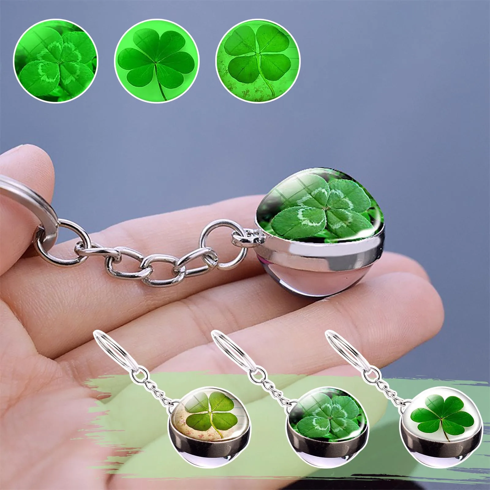 Clover Keychain Four Leaf Clover Glass Ball Double Side Pendant Metal ...
