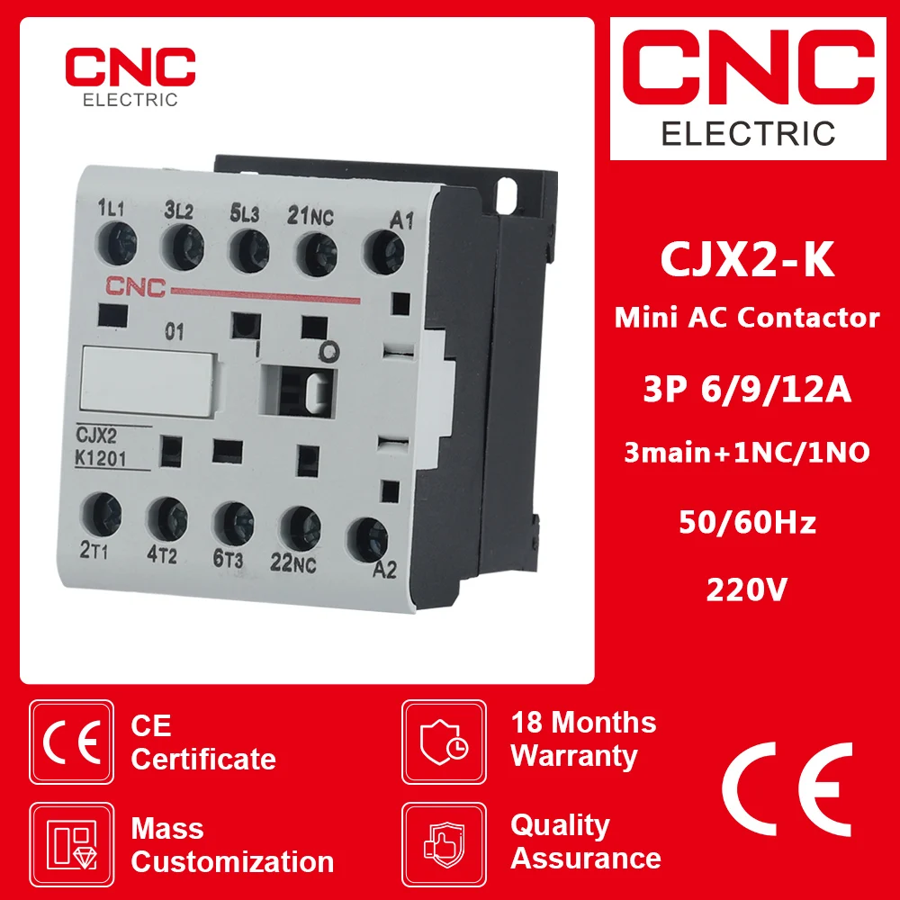 CNC CJX2-K 220V 50/60Hz 6A 9A 12A Mini AC Contactor Din Rail 3P 3main 1NO/3main 1NC Coil Voltage