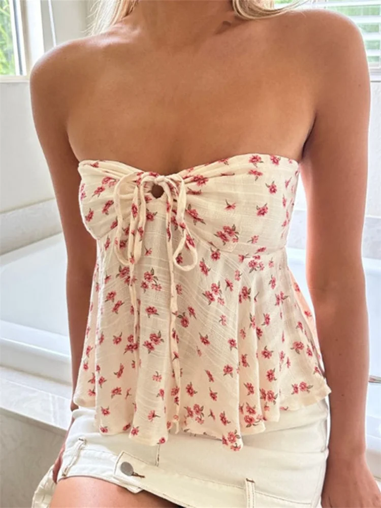 Chronstyle Strapless Off Shoulder Ruched Tube Tops Women Front Tie Up