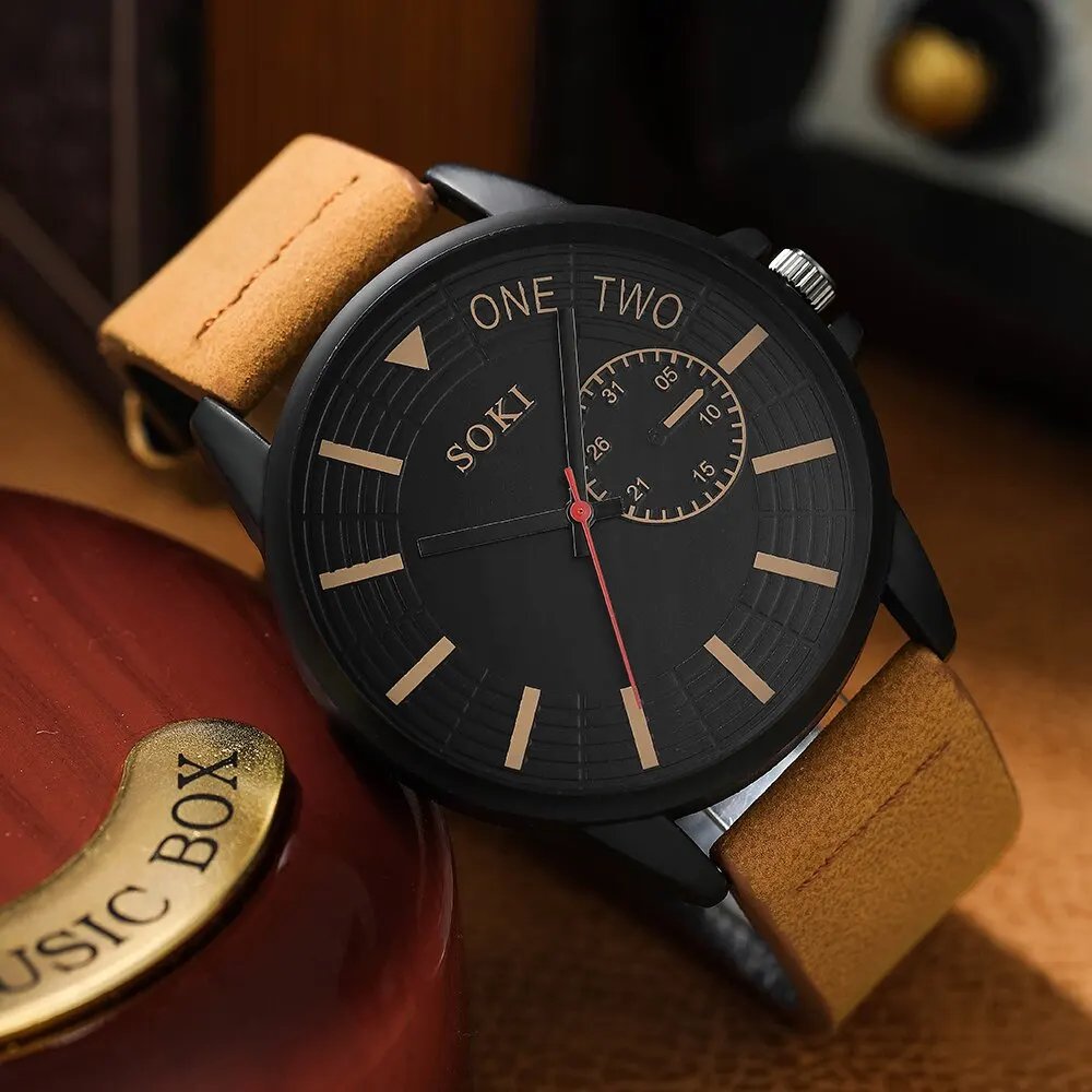 1pc Simple Quartz Watch For Men Personality Brown Leather Strap Round ...