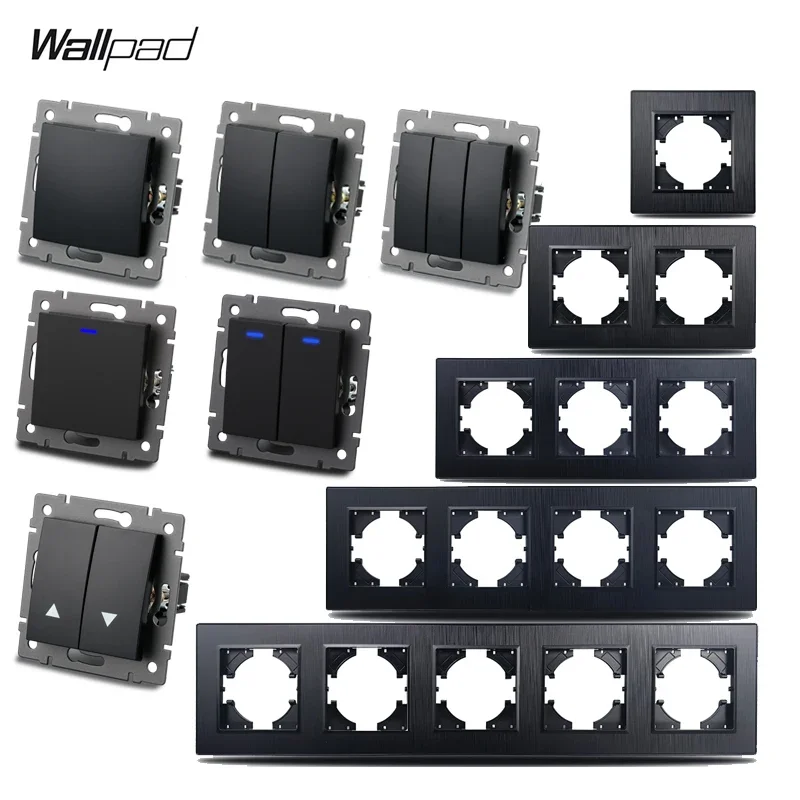 EU-Standard-Wall-Switch-Black-Brushed-Plate-Push-Button-Pass-Through ...