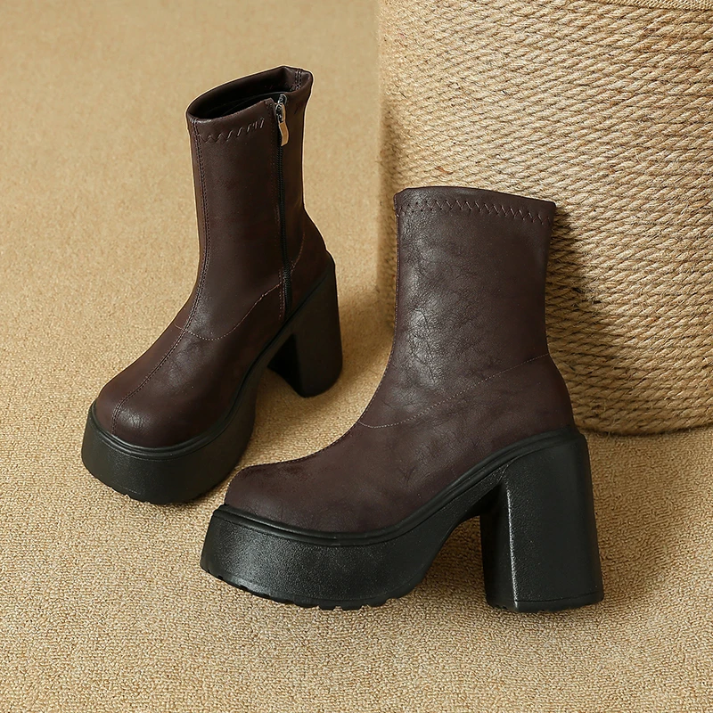 Botas elásticas ajustadas con plataforma de tacón de bloque, botines ...