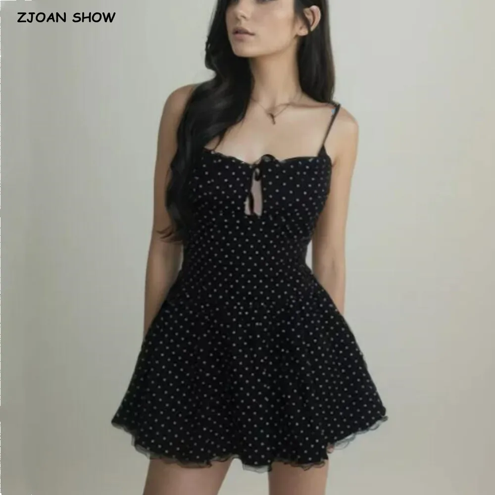 2025 Sexy Black with White Polka Dot Bow Collar Sling Mini Dress Women ...