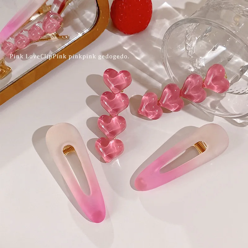Pink Gradient Love Hairpin Korean Temperament Cute Side Bangs Clip ...