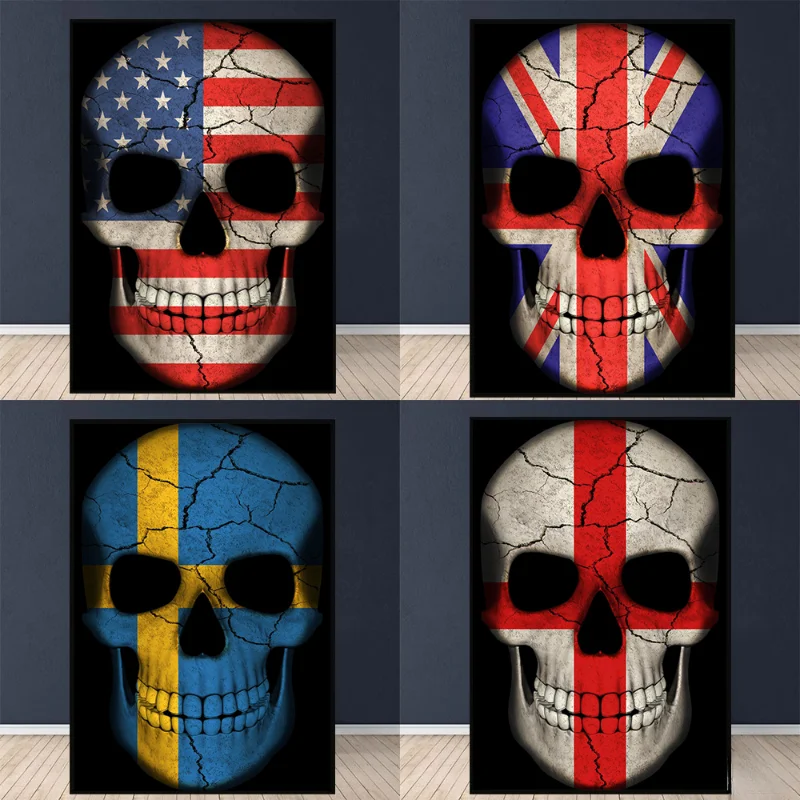 Abstract-American-British-Swedish-Flag-Skull-Head-Poster-Spooky-Canvas ...