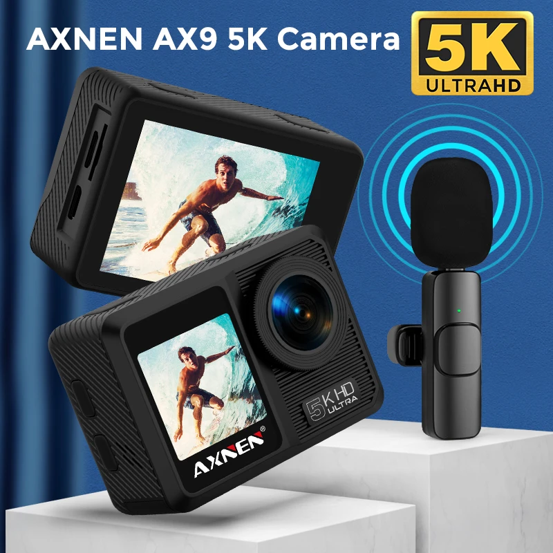 Original AX9 5K Sports Camera 4K 60fps EIS Video Action Cameras 24MP, with Wireless Microphone ...