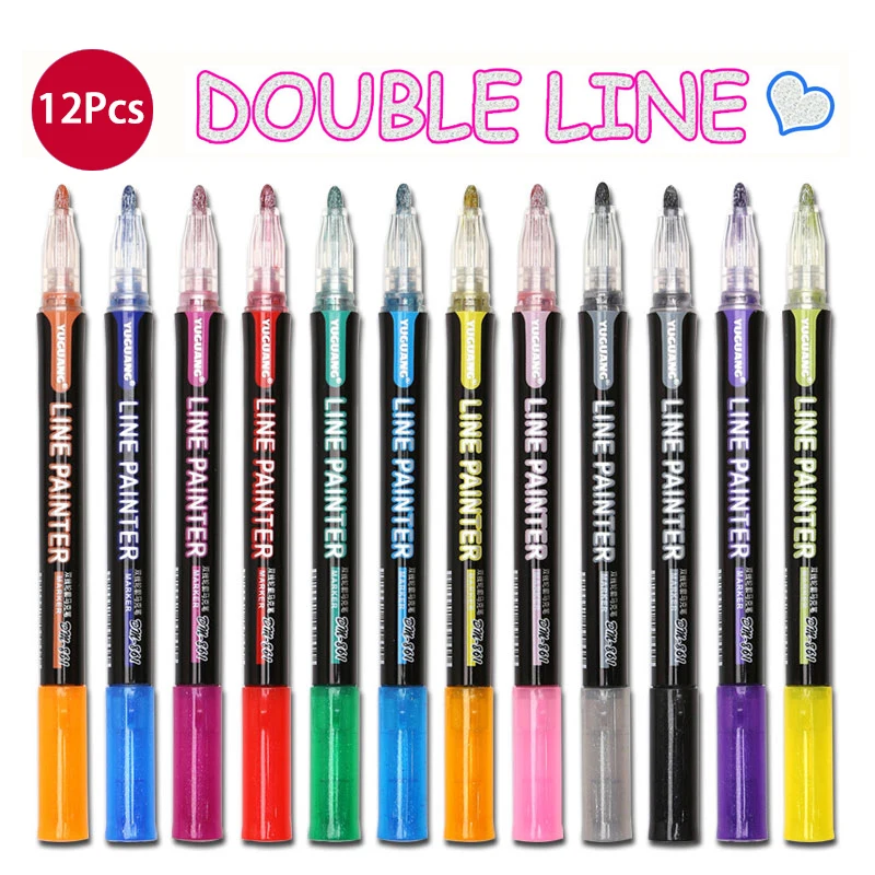 8Pcs-12Pcs-Color-Double-Line-Outline-Art-Marker-Pen-Scrapbook-Poster ...