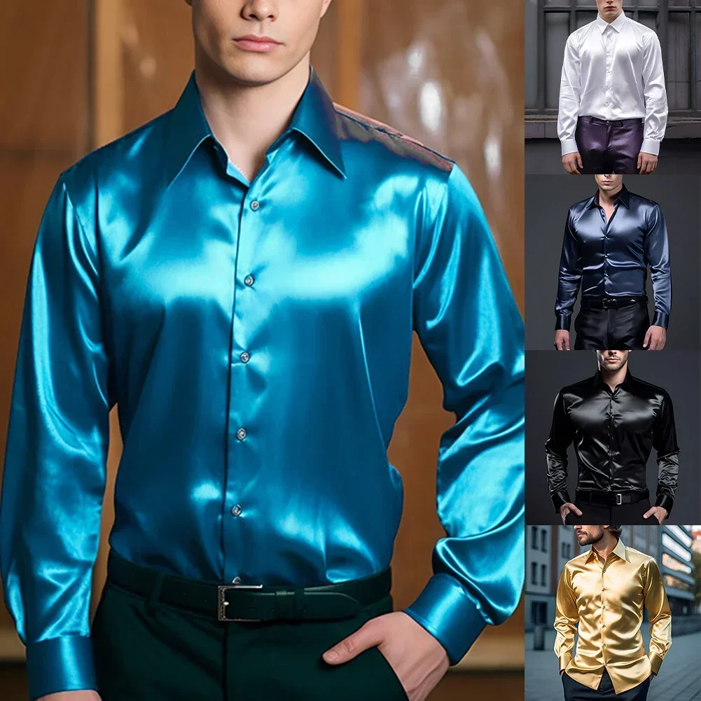 Camisa de vestir elegante de seda satinada para hombre, camisa de traje ...