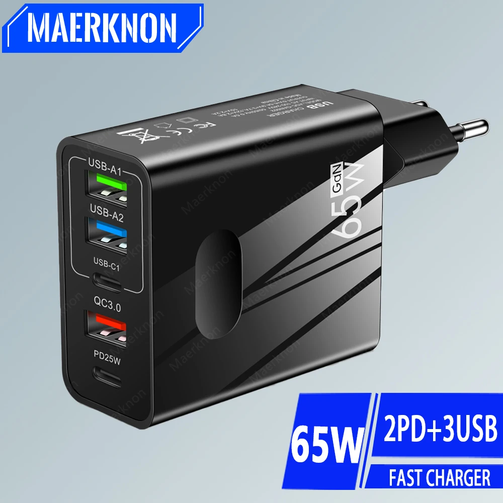 65W-5-Ports-GaN-USB-Charger-PD-Type-C-Fast-Charging-Wall-Charger-For ...