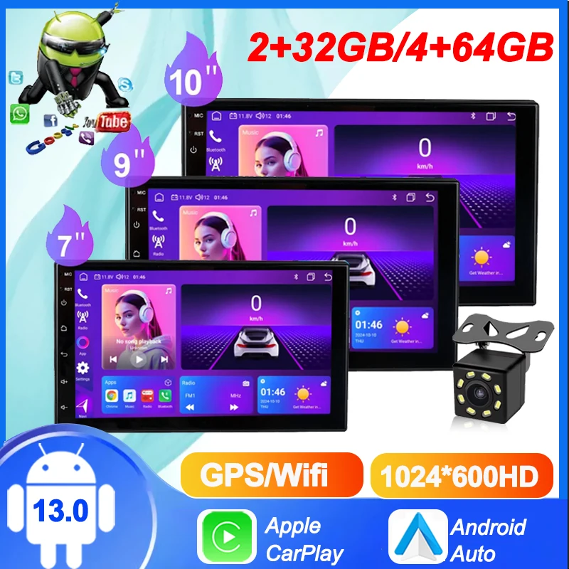 Android 13 Car Radio 7/9/10 inch 2 Din Car Audio Android auto Carplay ...