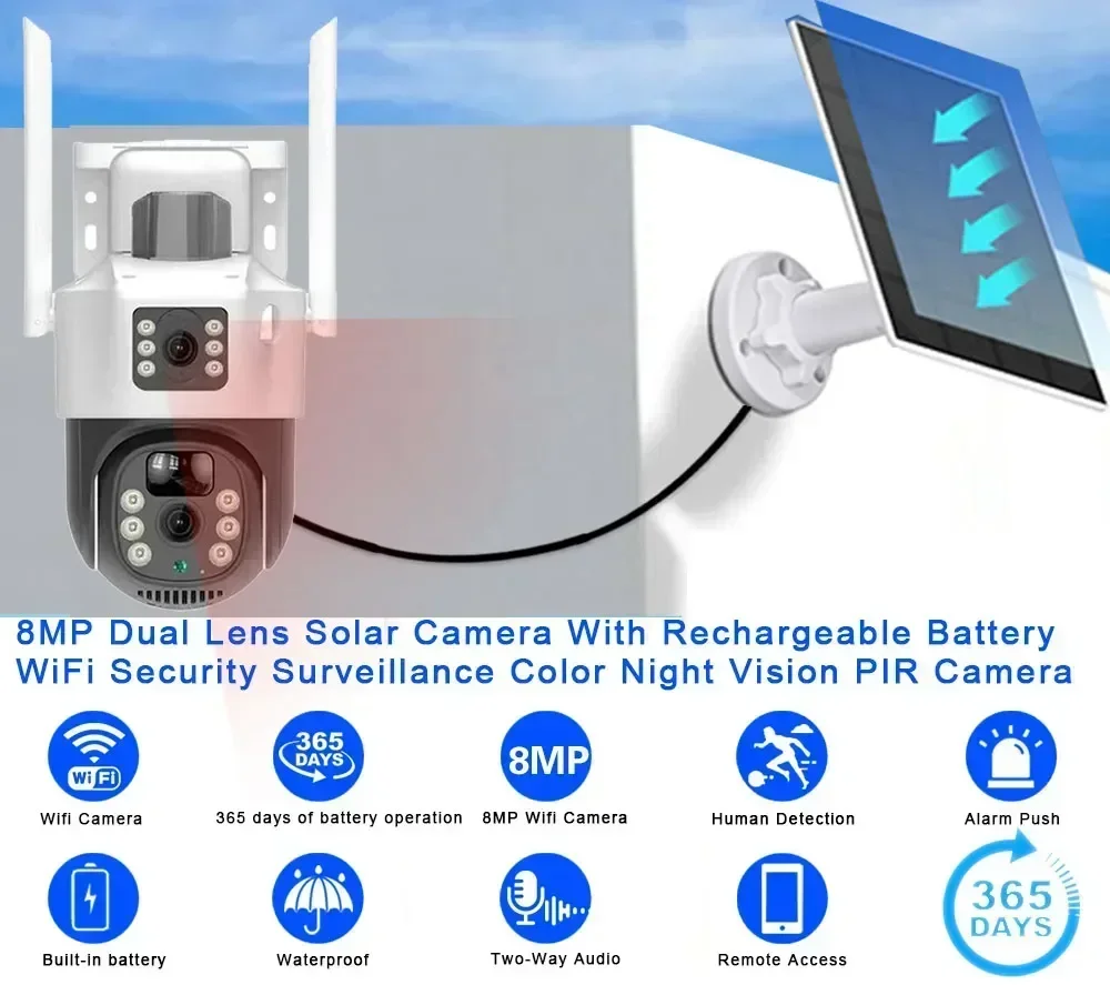 4G Sim Card 8MP PTZ Dual Lens Solar Outdoor Security Camera PIR Detect