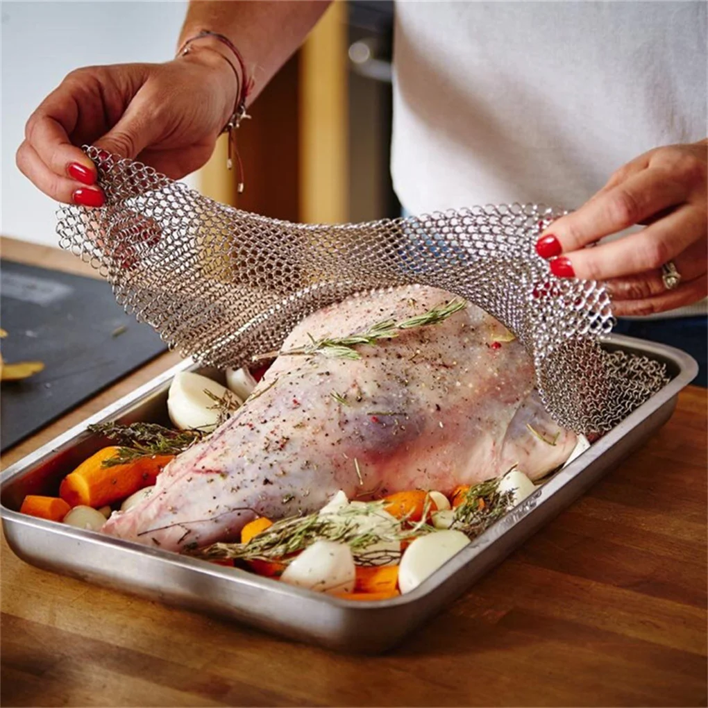 Stainless Steel Chainmail Cover Skillet Scrubber Beef Chicken Cast Iron ...
