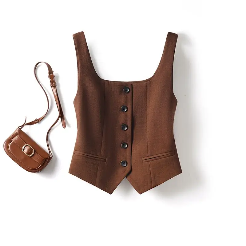 Coffee French Square Collar Suit Vest Women's Outer Vest 2025 Autumn ...