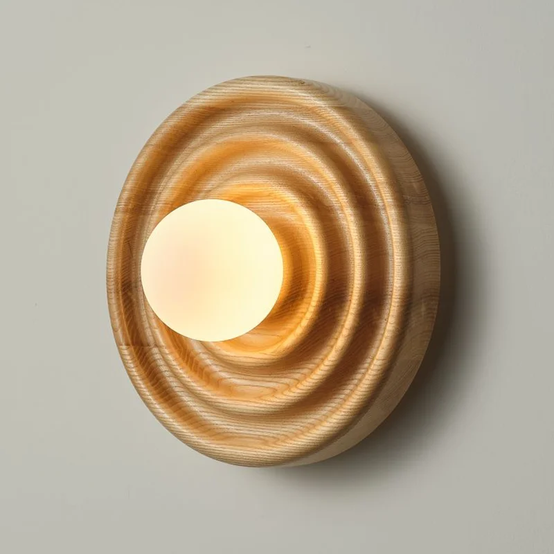 Vintage Round Circle Ash Wood Wall Lamp Living Room Decoration LED ...