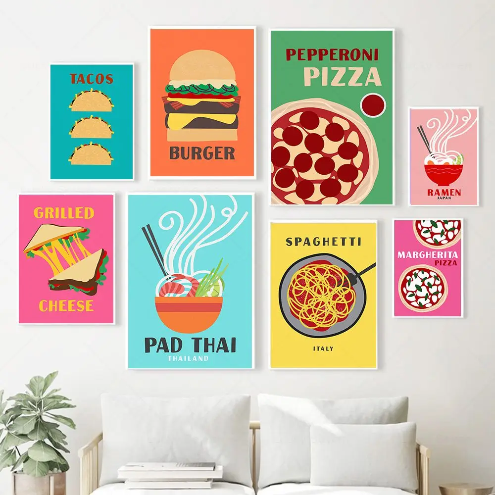 Vintage Funny Food Poster Pizza Tacos Ramen Pasta Canvas Prints ...
