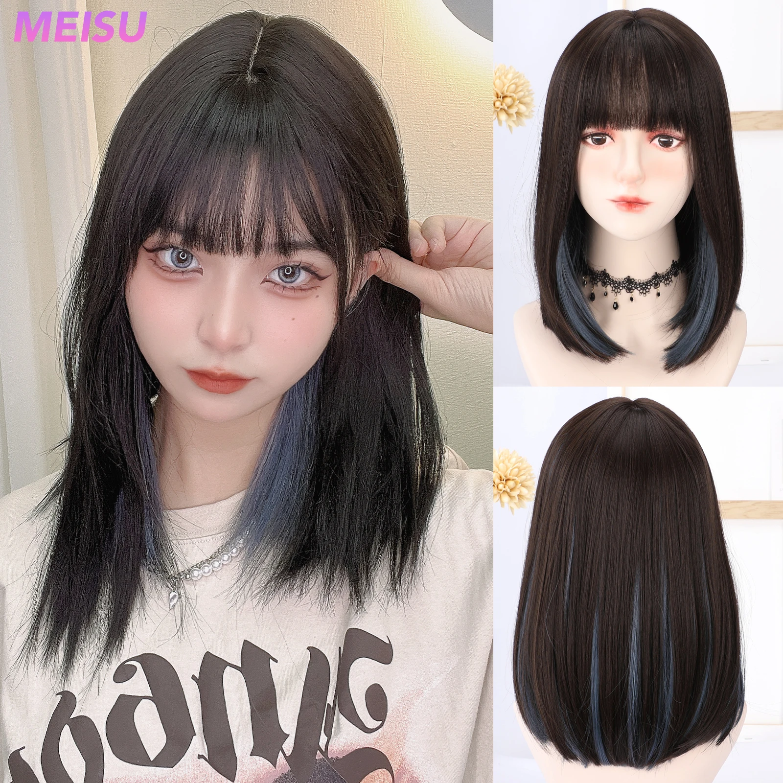 MEISU-Peluca-de-cabello-sint-tico-para-mujer-cabellera-artificial-de-fibra-sint-tica-resistente ...