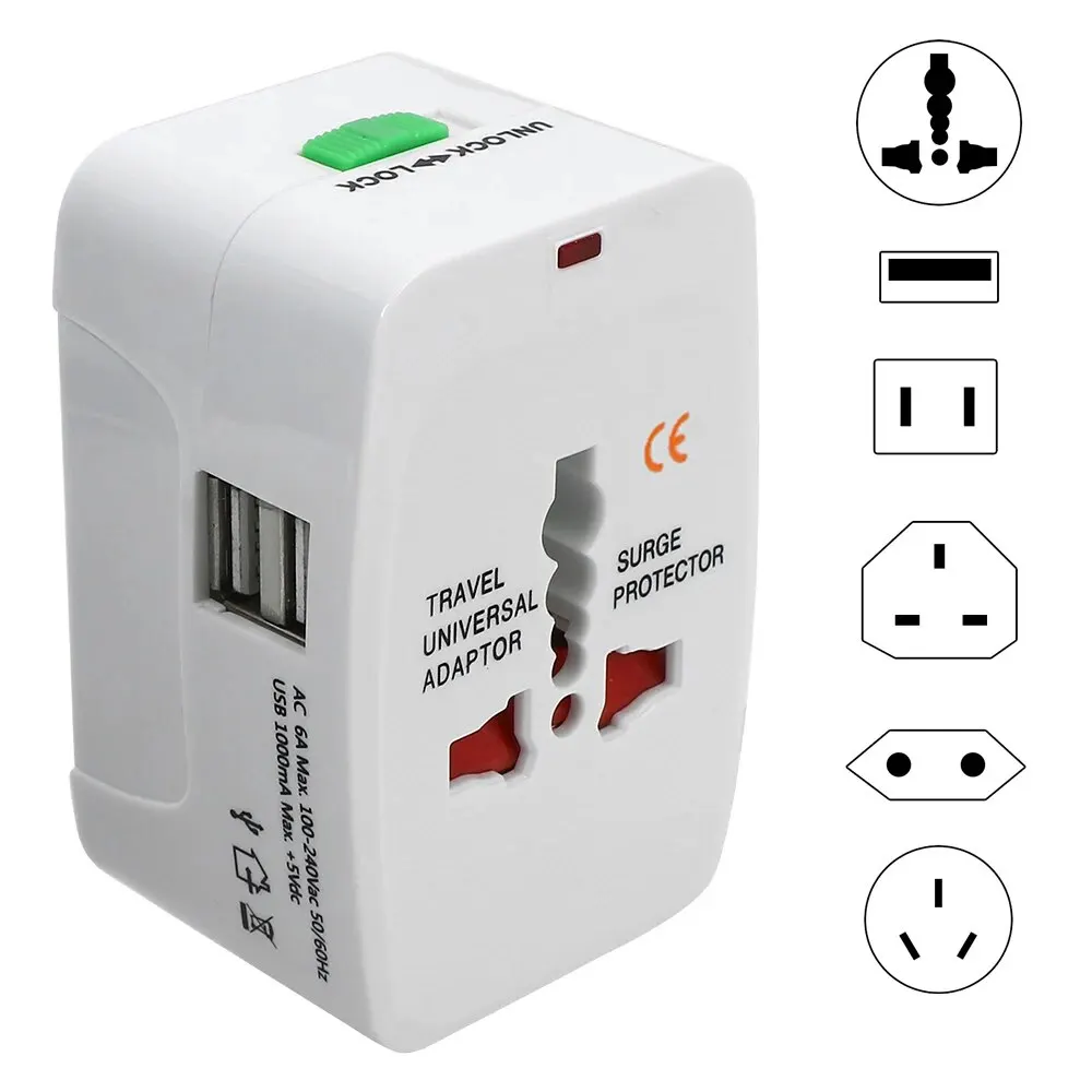 AU US UK EU Converter All in One International Plug Adapter 2 USB Ports ...