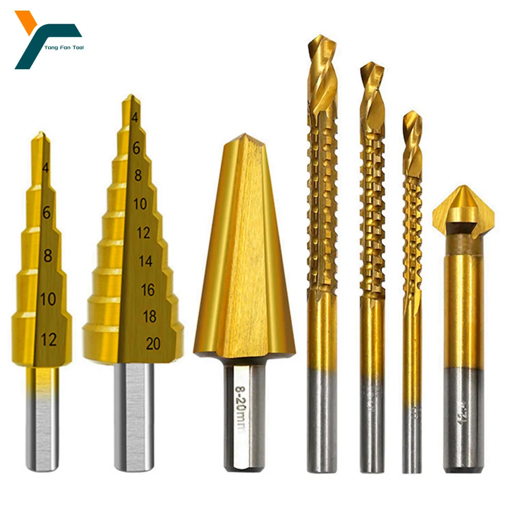 7Pcs-Step-Drill-Bit-Saw-Umbrella-Chamfer-Bit-Straight-Titanium-Milling ...